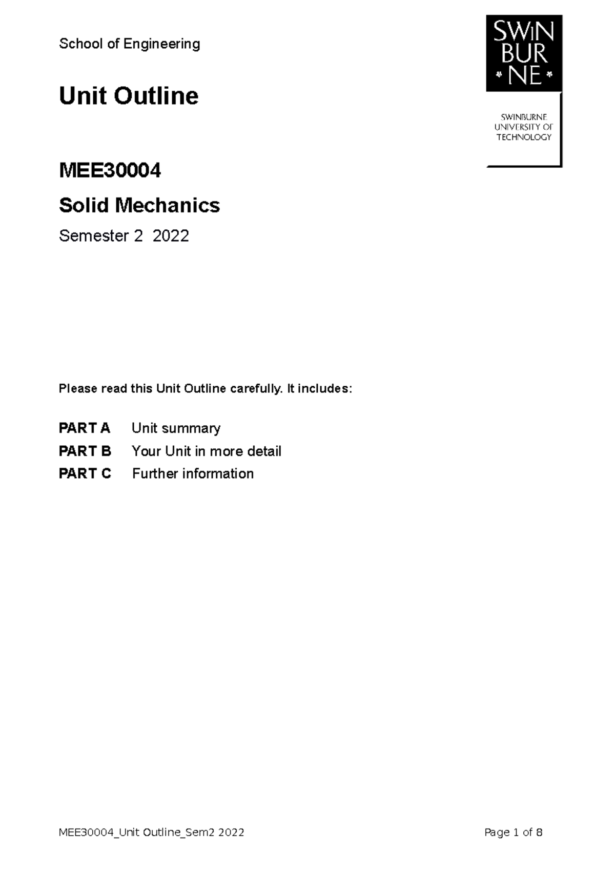 MEE30004 Unit Outline Sem 2 2022 - School of Engineering Unit Outline ...