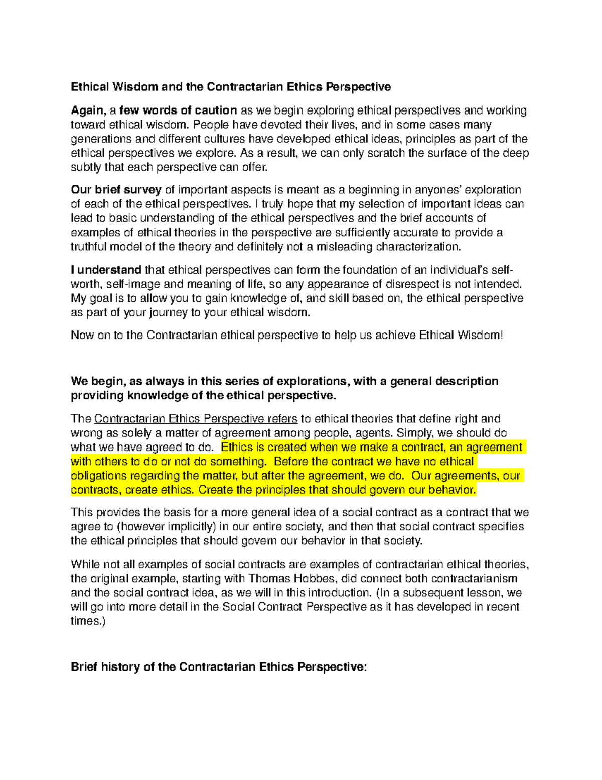 Ethical Wisdom and the Contractarian Ethics Perspective - People have ...