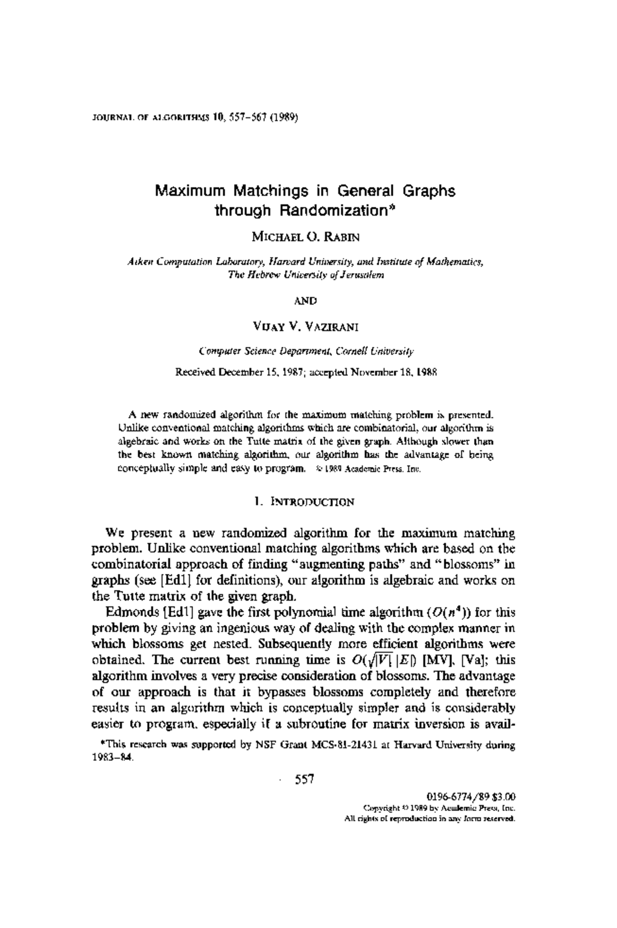 Rabin Vazirani randomized maximum matching - JOURNAL OF ALGORITHMS 10 ...