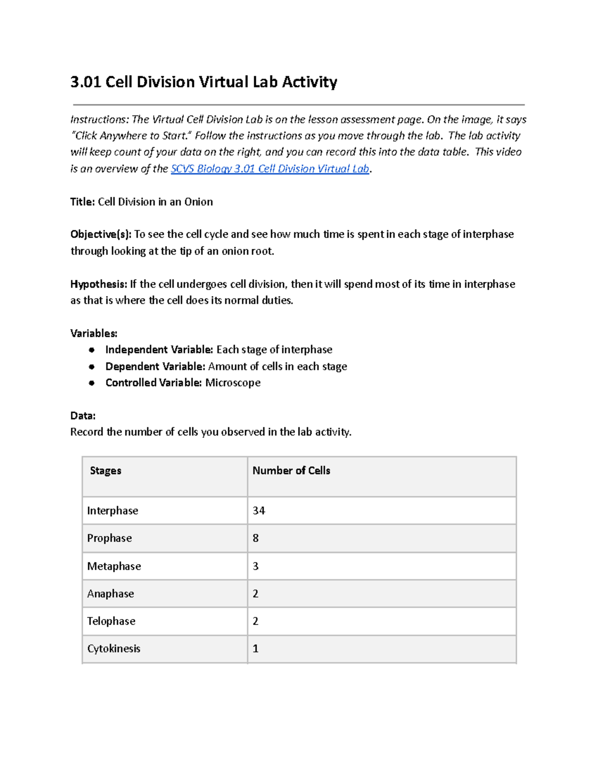 3.01 Cell Division Lab Report - 3 Cell Division Virtual Lab Activity ...