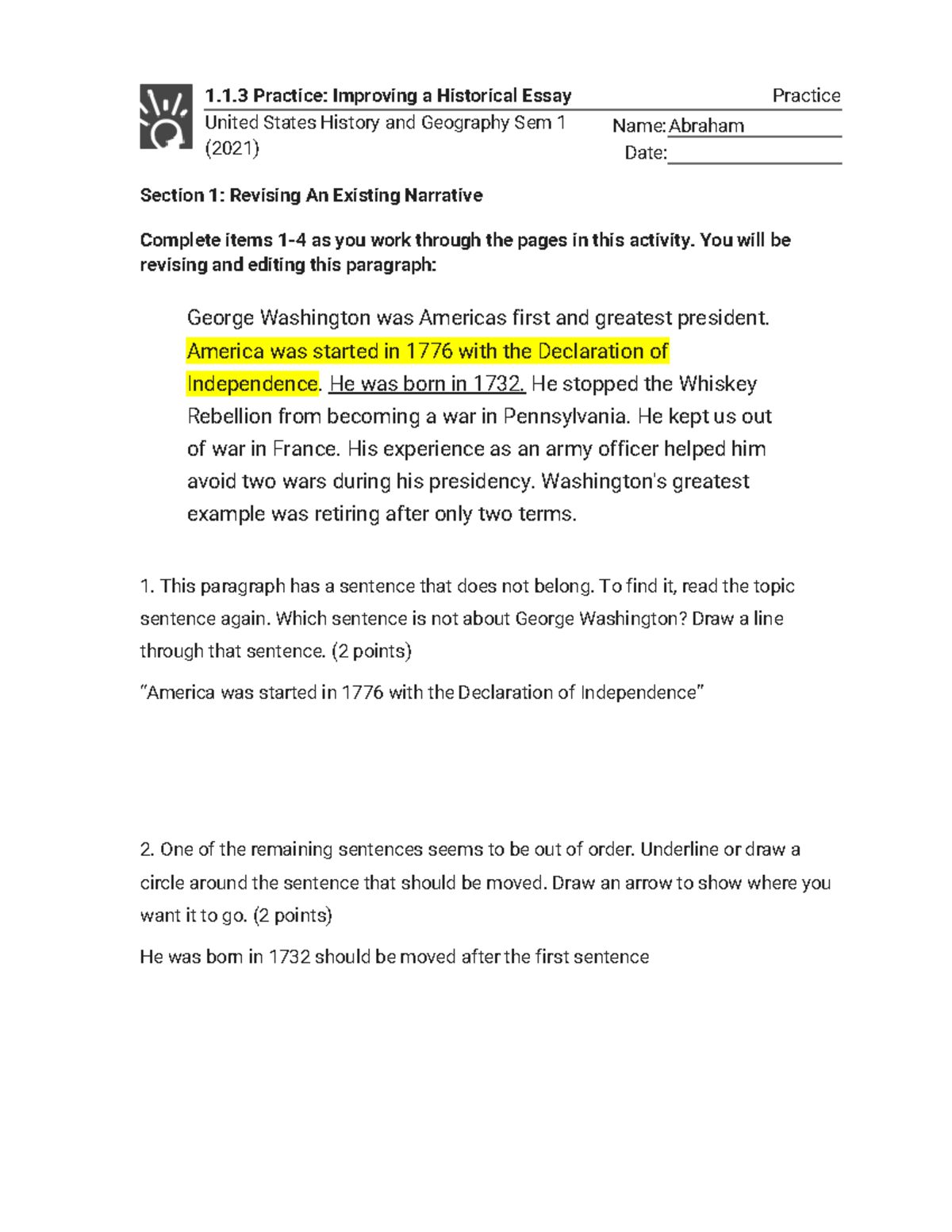 1.1.3 Practice: Improving a Historical Essay United States History and ...