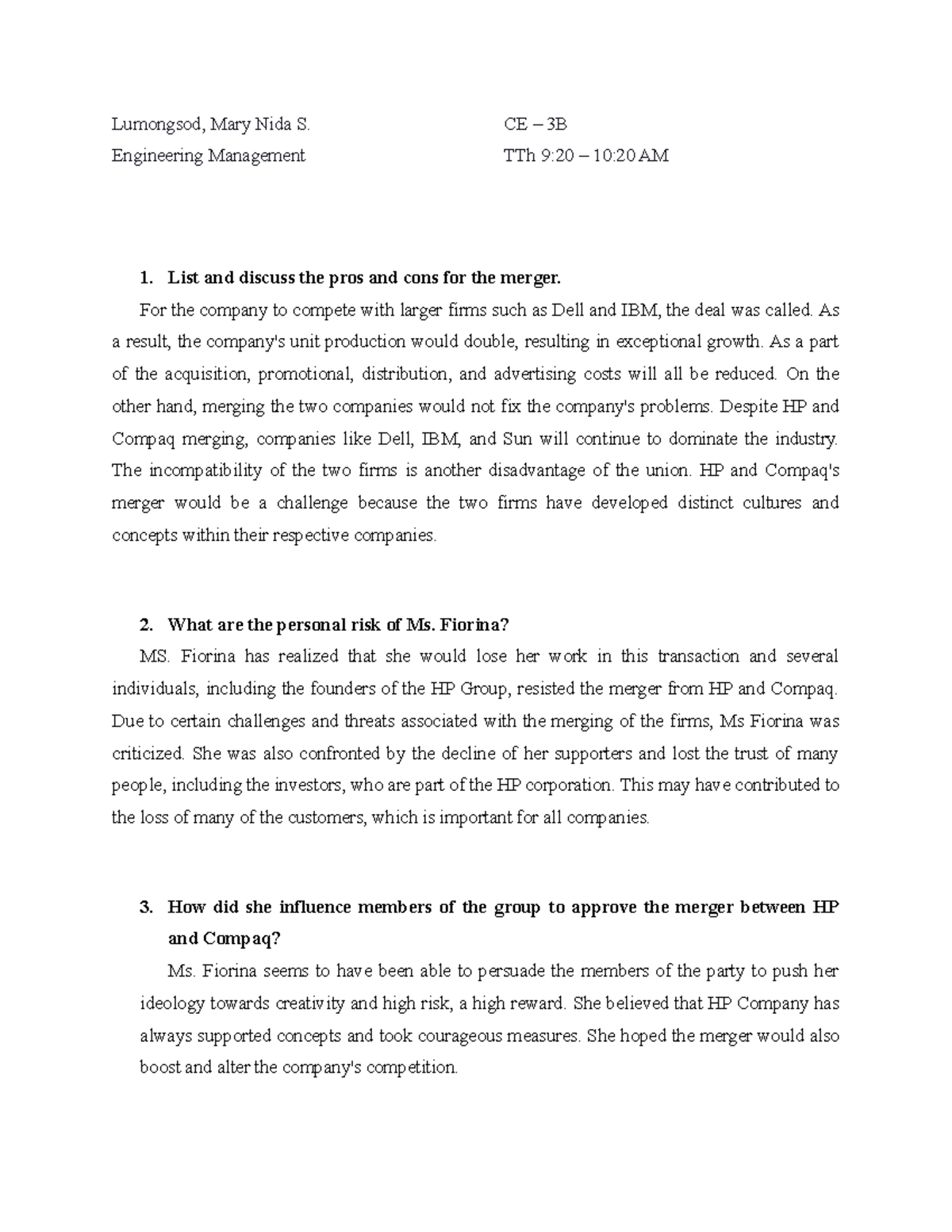 Engineering Management Case 16 - Lumongsod, Mary Nida S. CE – 3B ...
