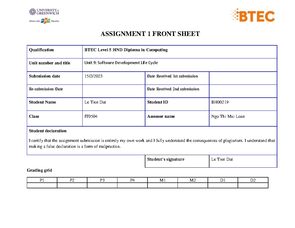 Le Tien Dat project - ASSIGNMENT 1 FRONT SHEET Qualification BTEC Level ...