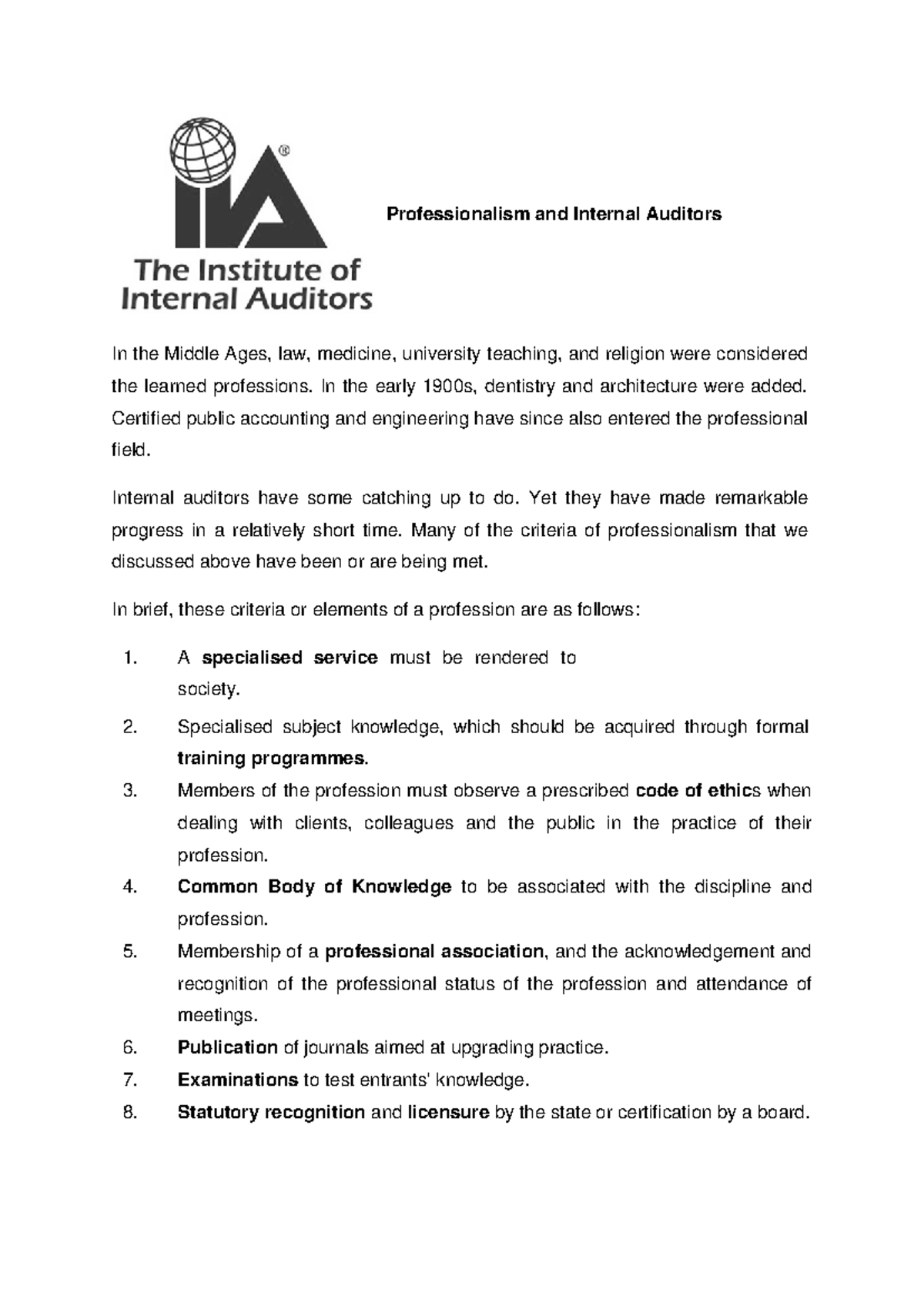 AUI2601 Professionalism and Internal Auditors - Professionalism and ...