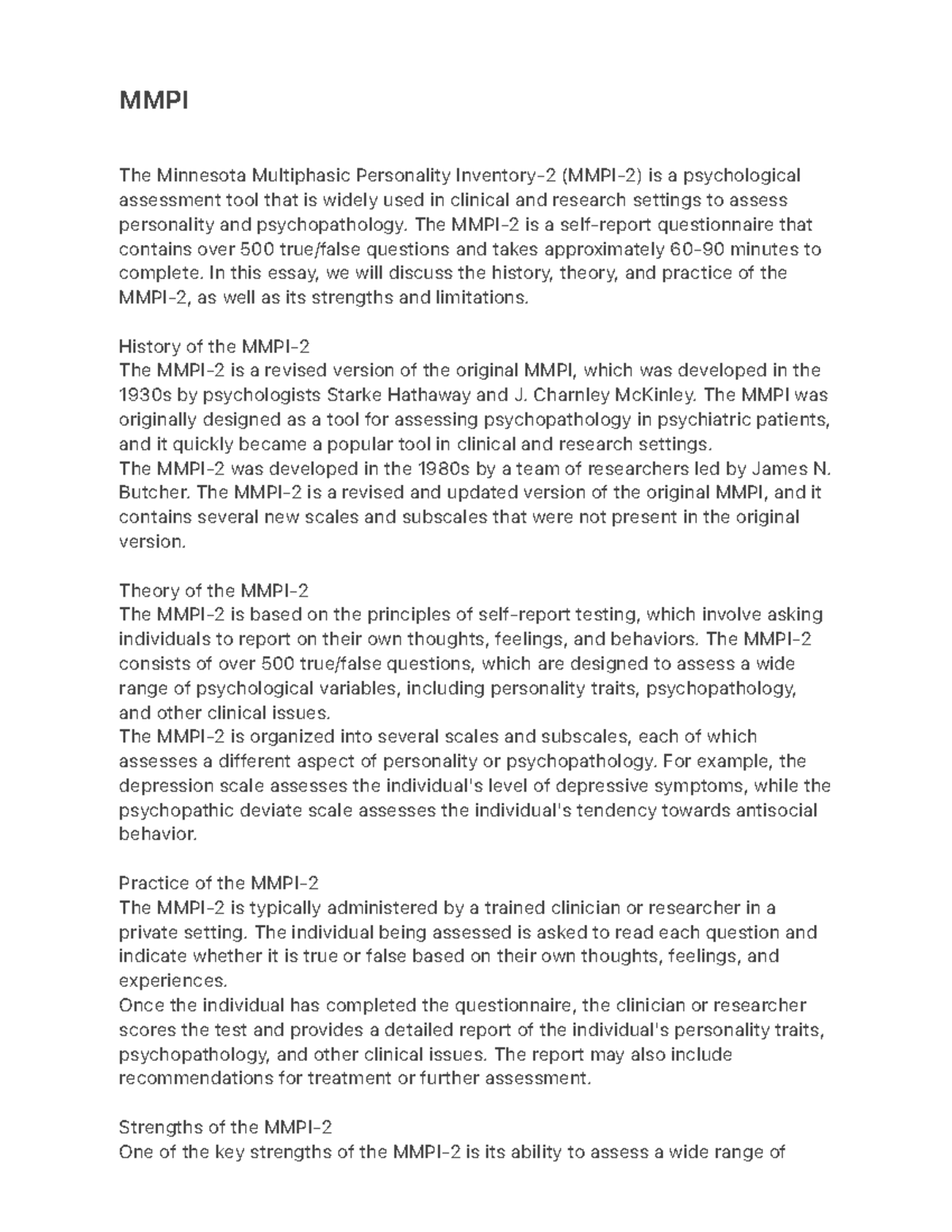 MMPI - notes - MMPI The Minnesota Multiphasic Personality Inventory-2 ...