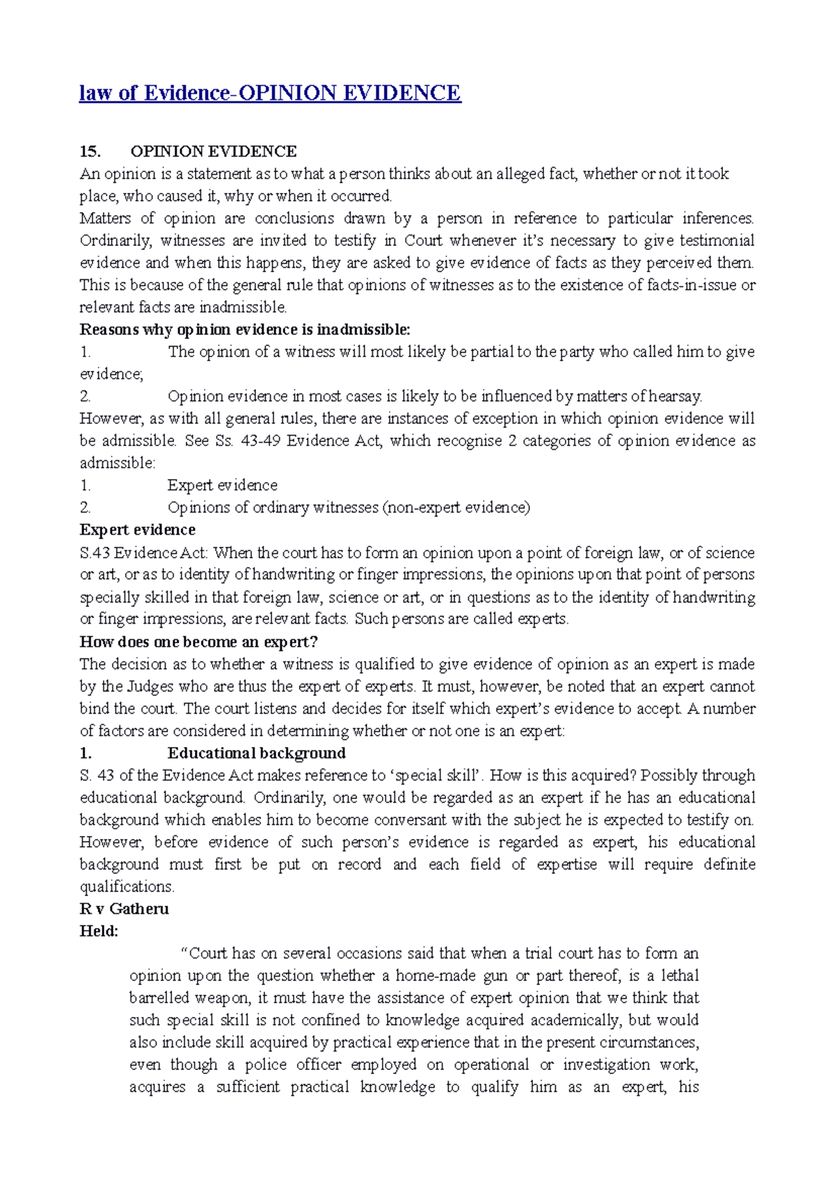 Opinion evidence@liam2018-1 - law of Evidence-OPINION EVIDENCE 15 ...