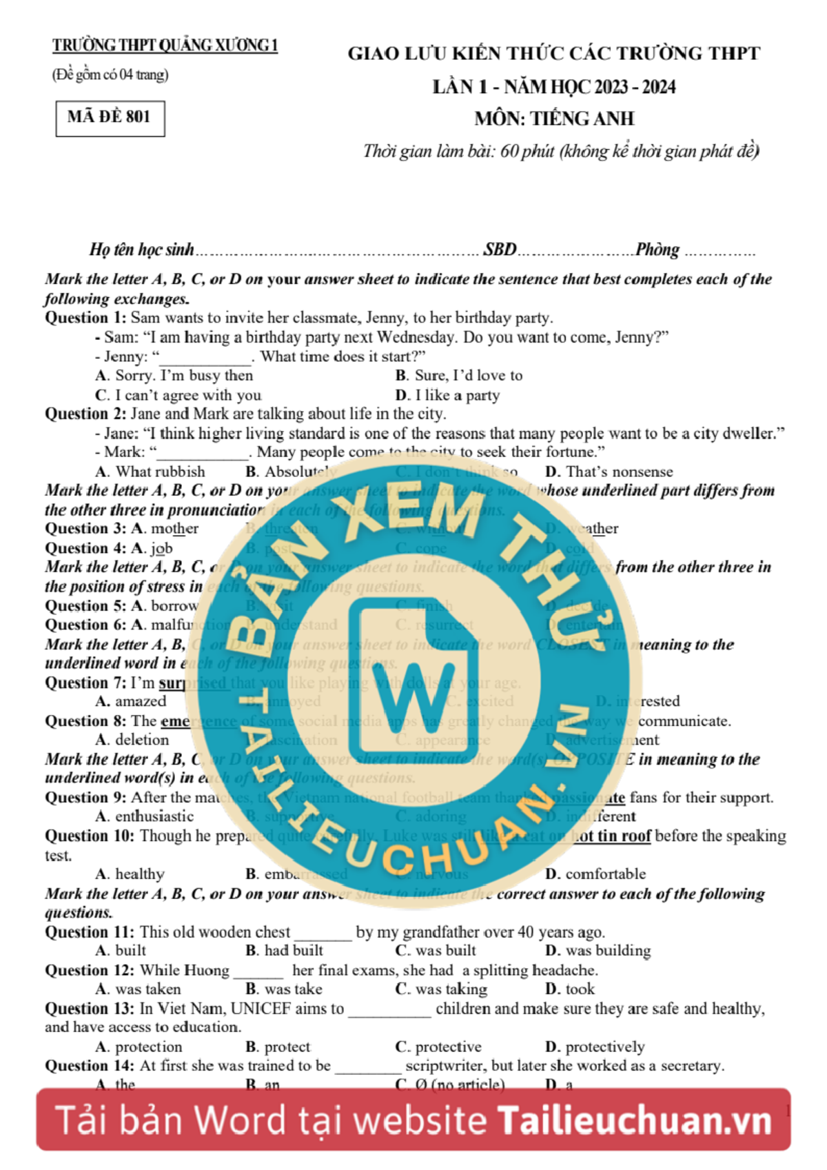 35-de-thi-thu-tn-thpt-tieng-anh-2024-quang-xuong-1-thimagemarked 1600 pdf - Sinh 12 Anh - Studocu