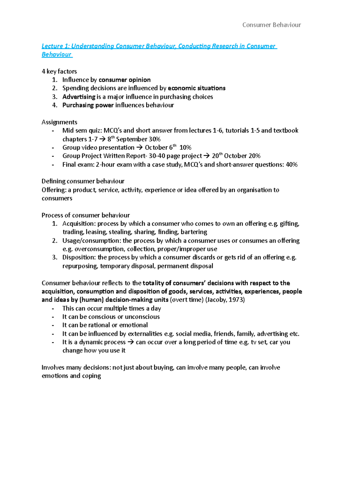 Consumer Behaviour Lecture Notes All Lecture 1 Understanding Consumer Behaviour Conducting