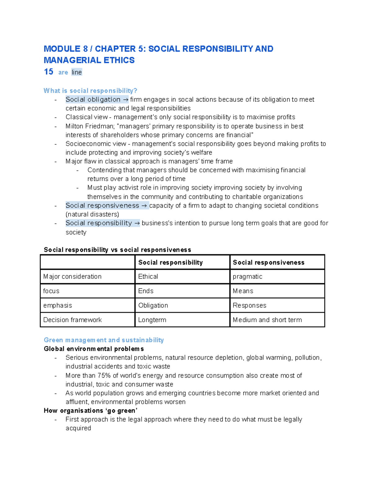 EL week 8 notes - MODULE 8 / CHAPTER 5: SOCIAL RESPONSIBILITY AND ...