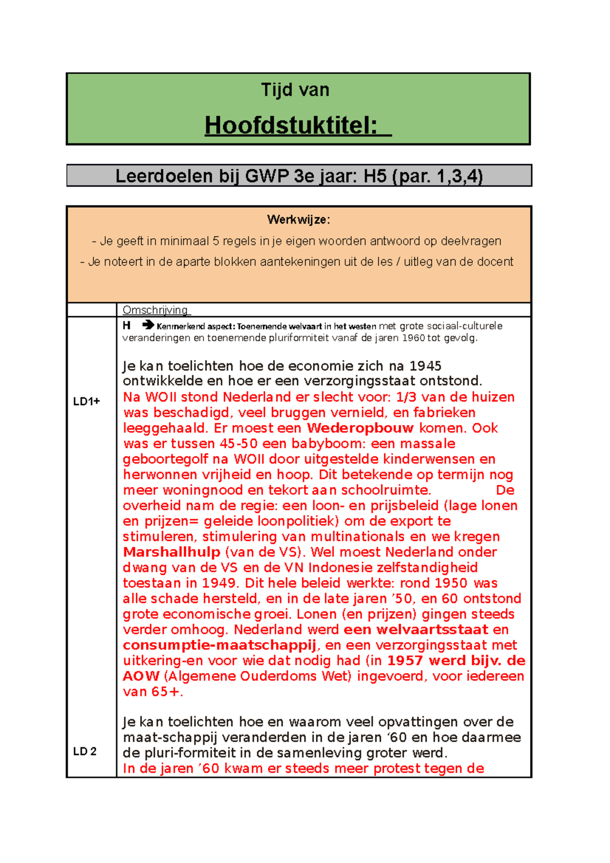 Leerdoelendocument H5 - Ned na 1945-antw - Tijd van Hoofdstuktitel: Leerdoelen bij GWP 3e jaar ...