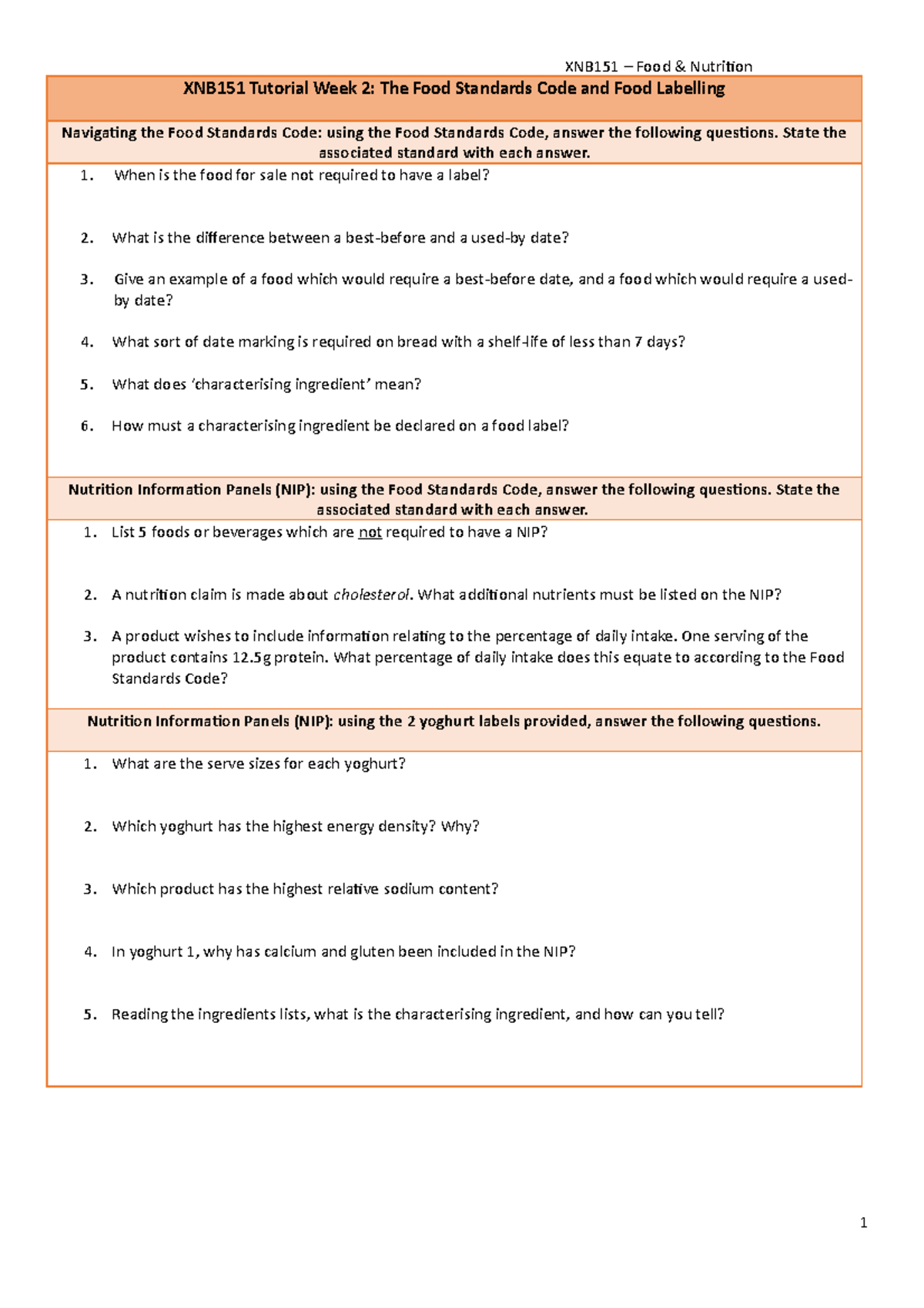 Tutorial 2 Food Labelling worksheet - XNB151 Tutorial Week 2: The Food ...