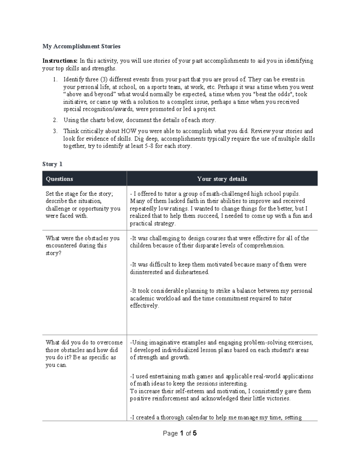 Accomplishments Worksheet U2 - My Accomplishment Stories Instructions ...