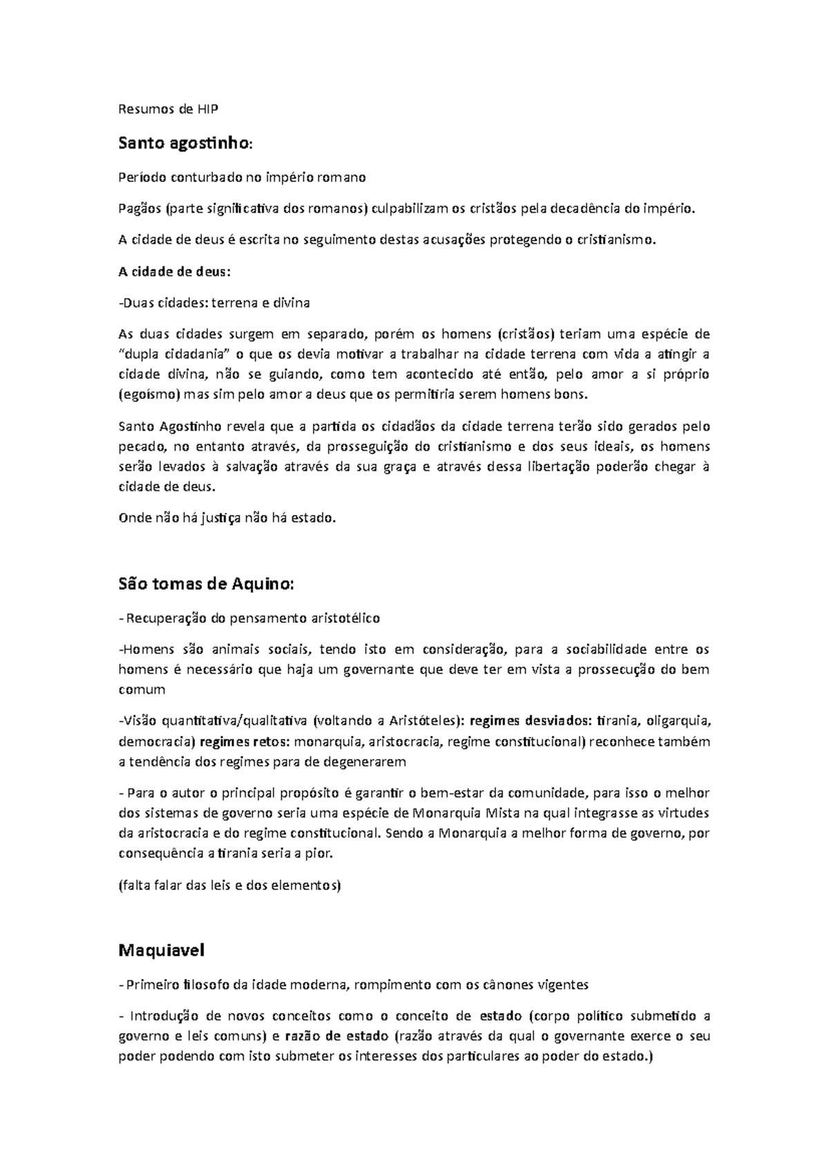 Resumos finais HIP - Apontamentos simples e rigorosos da cadeira de HIP - Resumos de HIP Santo ...