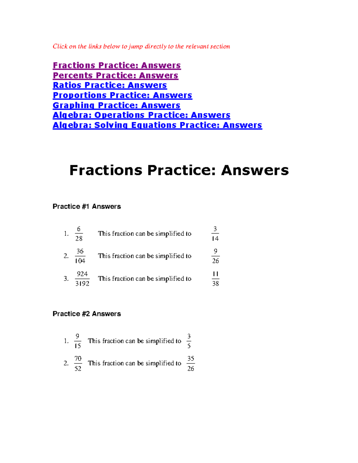 Practice Answers - Fractions - Click on the links below to jump ...