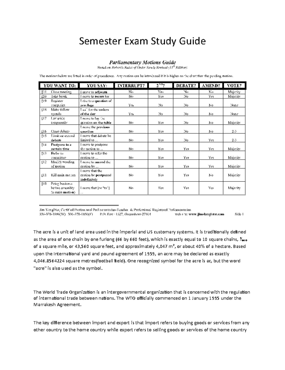 Semester Exam POA - n/a - Semester Exam Study Guide The acre is a unit ...