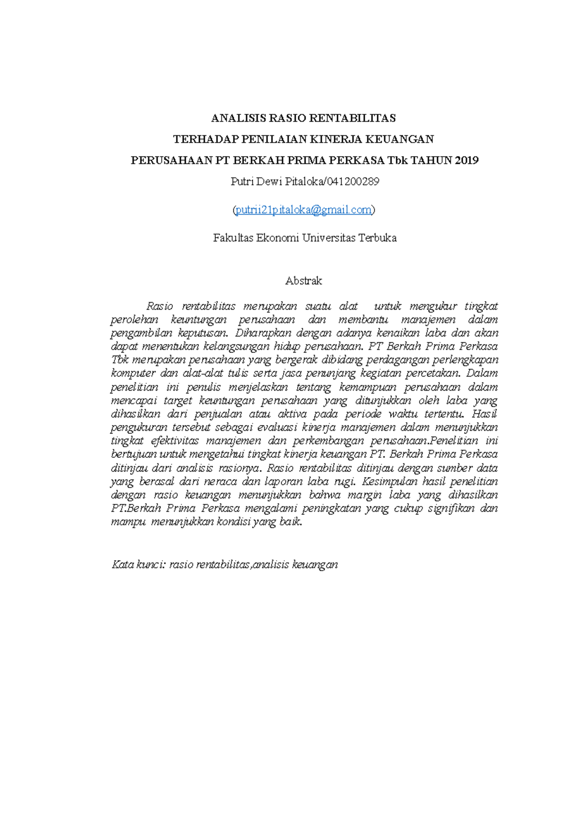 Analisis Rasio Rentabilitas PT Berkah Prima Perkasa - ANALISIS RASIO ...