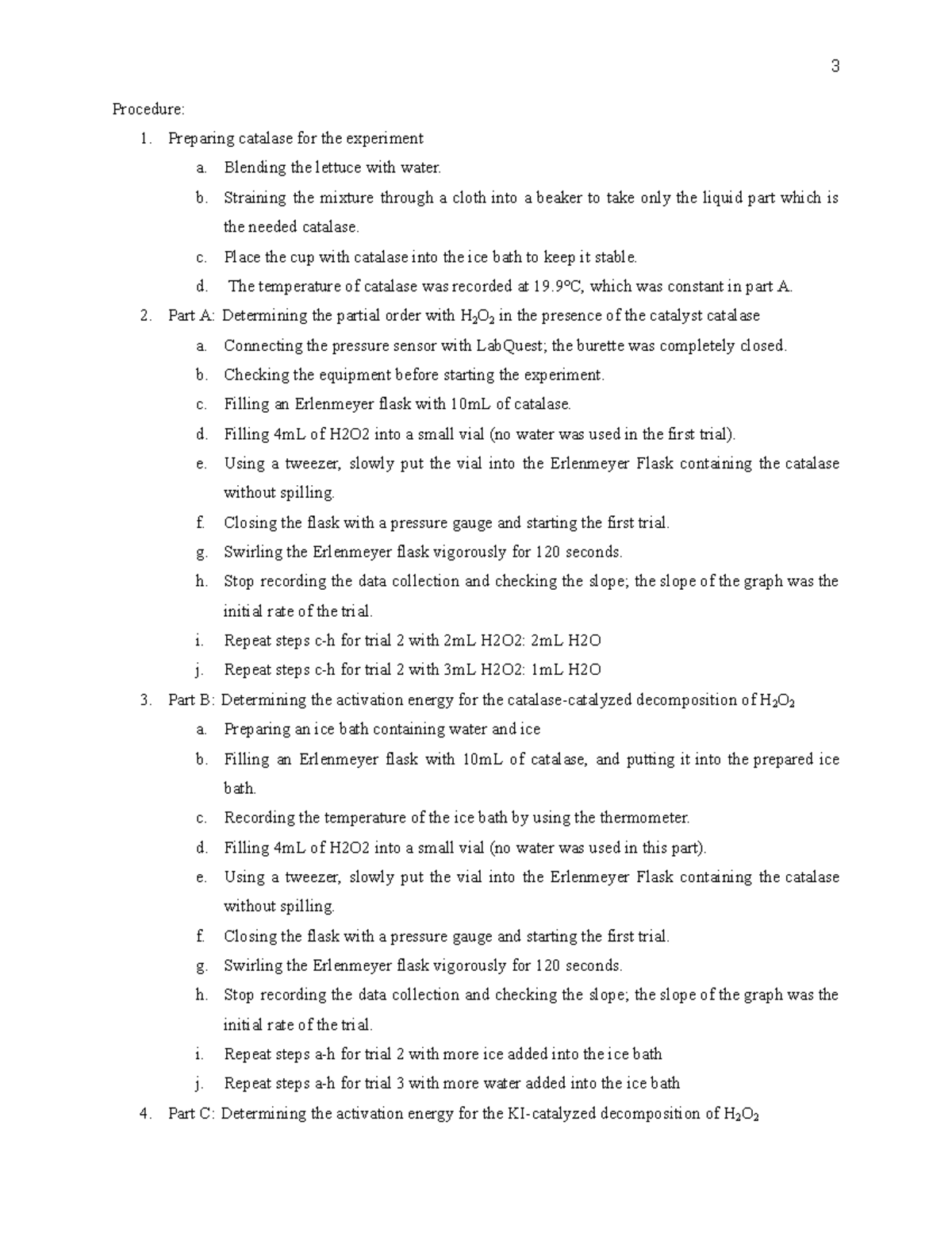 CHM1311 - Experiment 5 Lab Report - Procedure - 3 Procedure: 1. Preparing catalase for the - Studocu