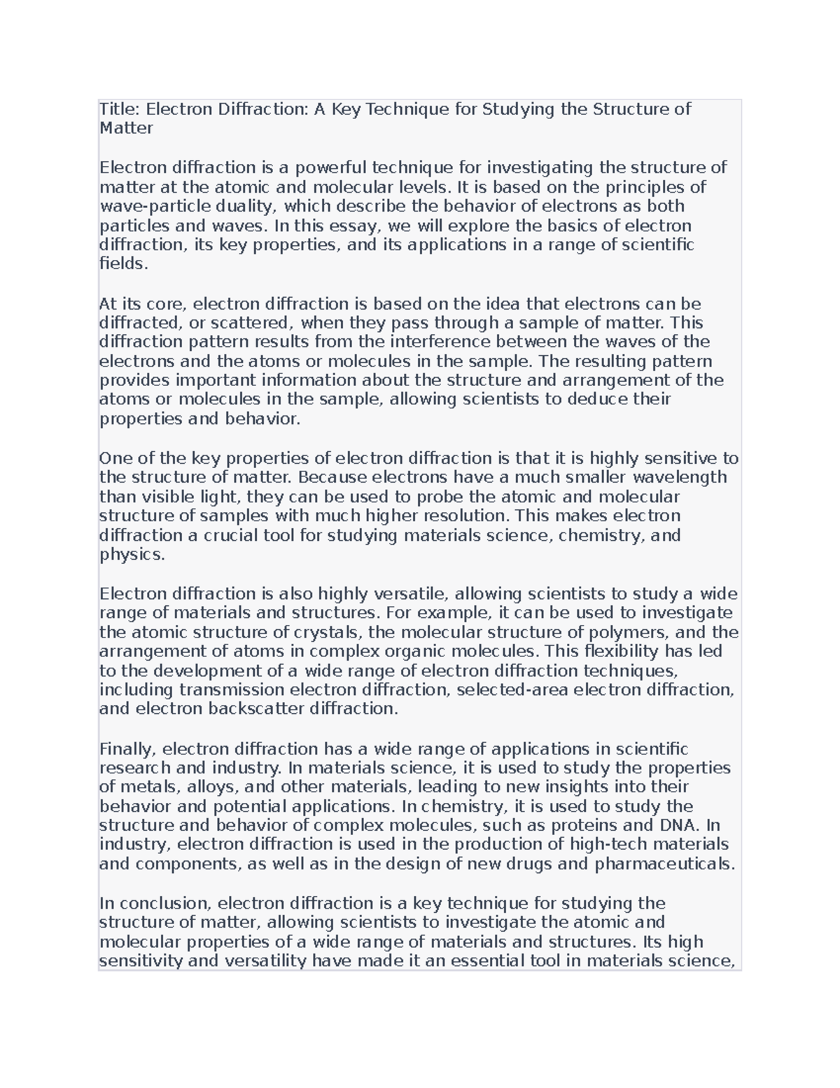 Electron Diffraction - A Key Technique for Studying the Structure of Matter - Title: Electron ...