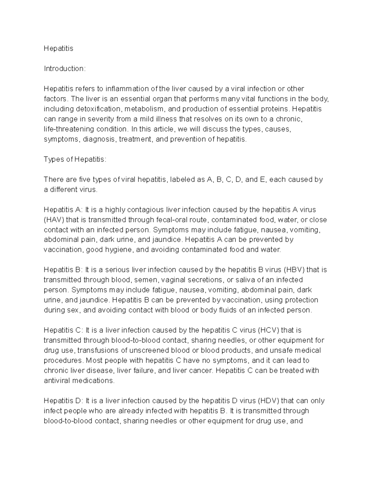 Hepatitis - Hepatitis Introduction: Hepatitis refers to inflammation of ...