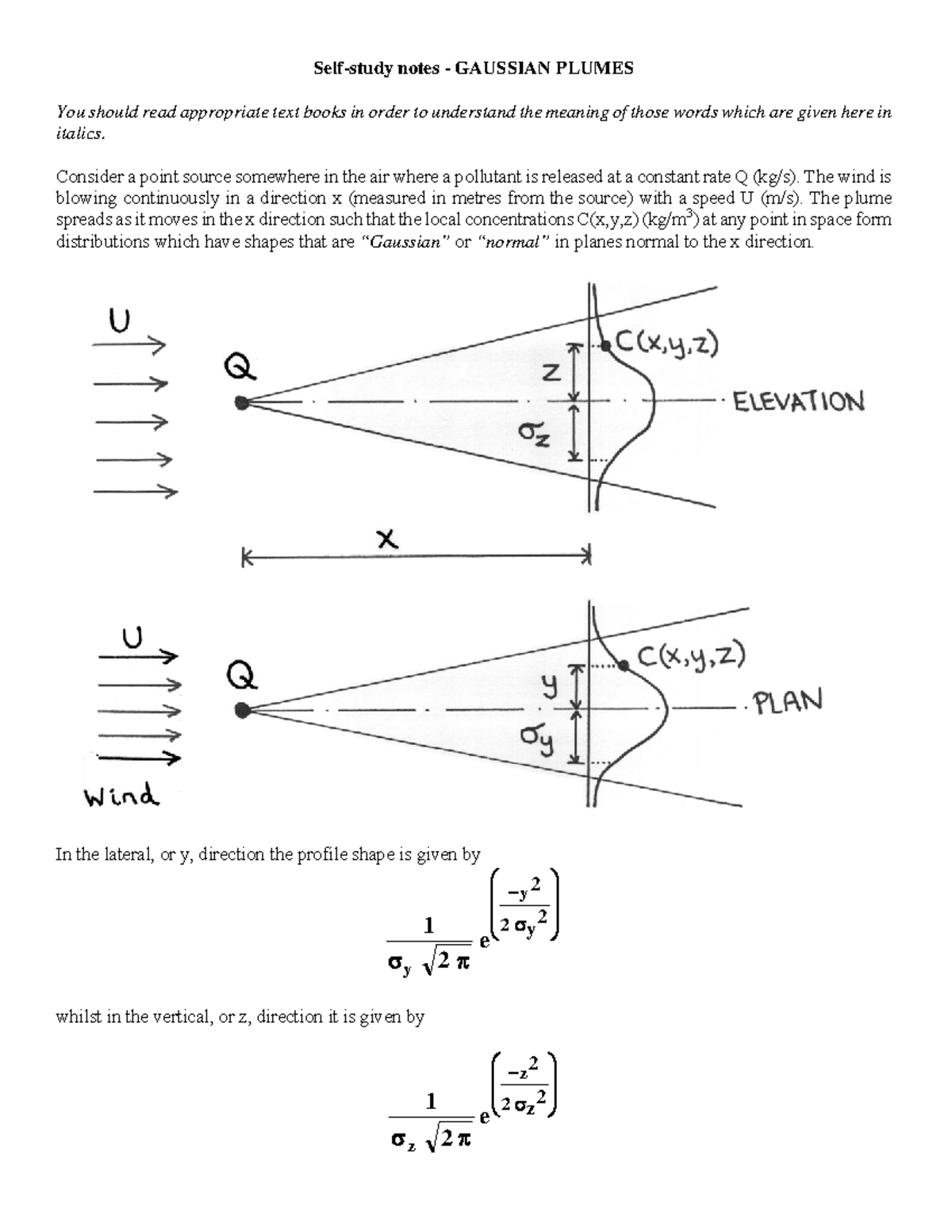 Gaussian plumes - Self-study notes - GAUSSIAN PLUMES You should read ...