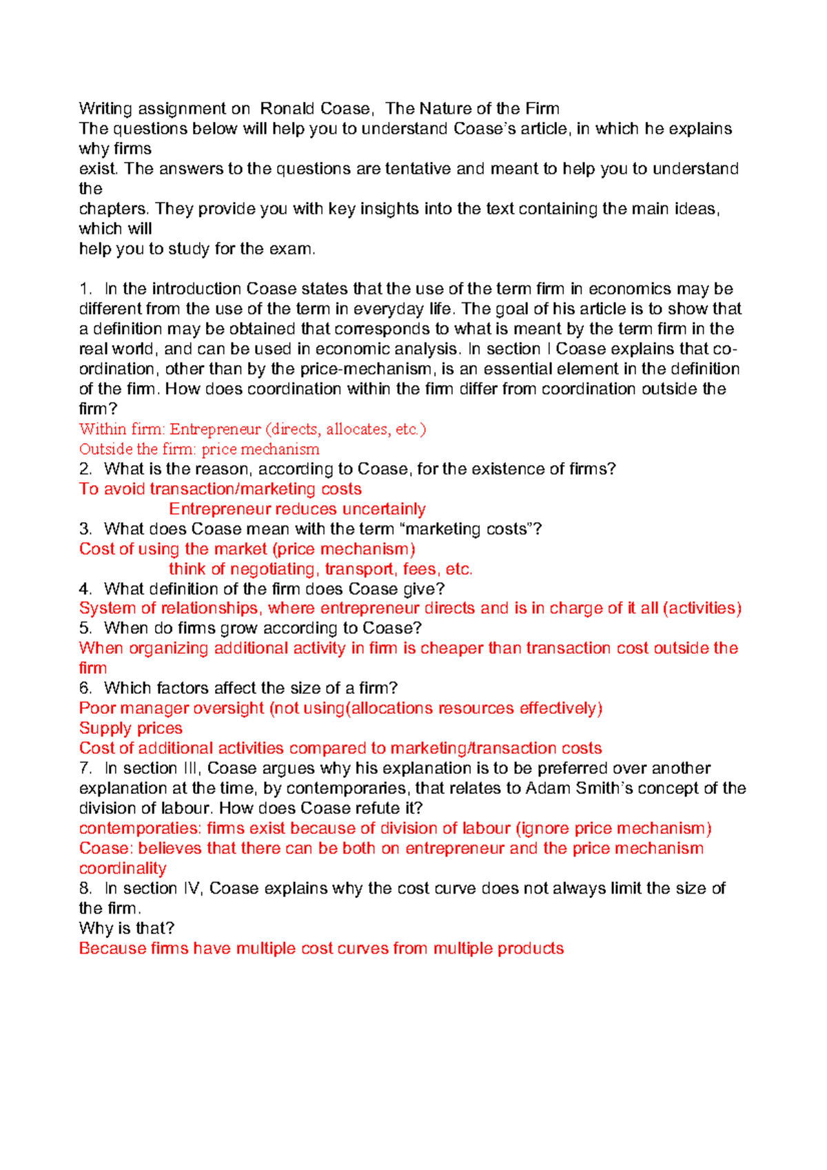 Ronald Coase tutorial - Writing assignment on Ronald Coase, The Nature ...