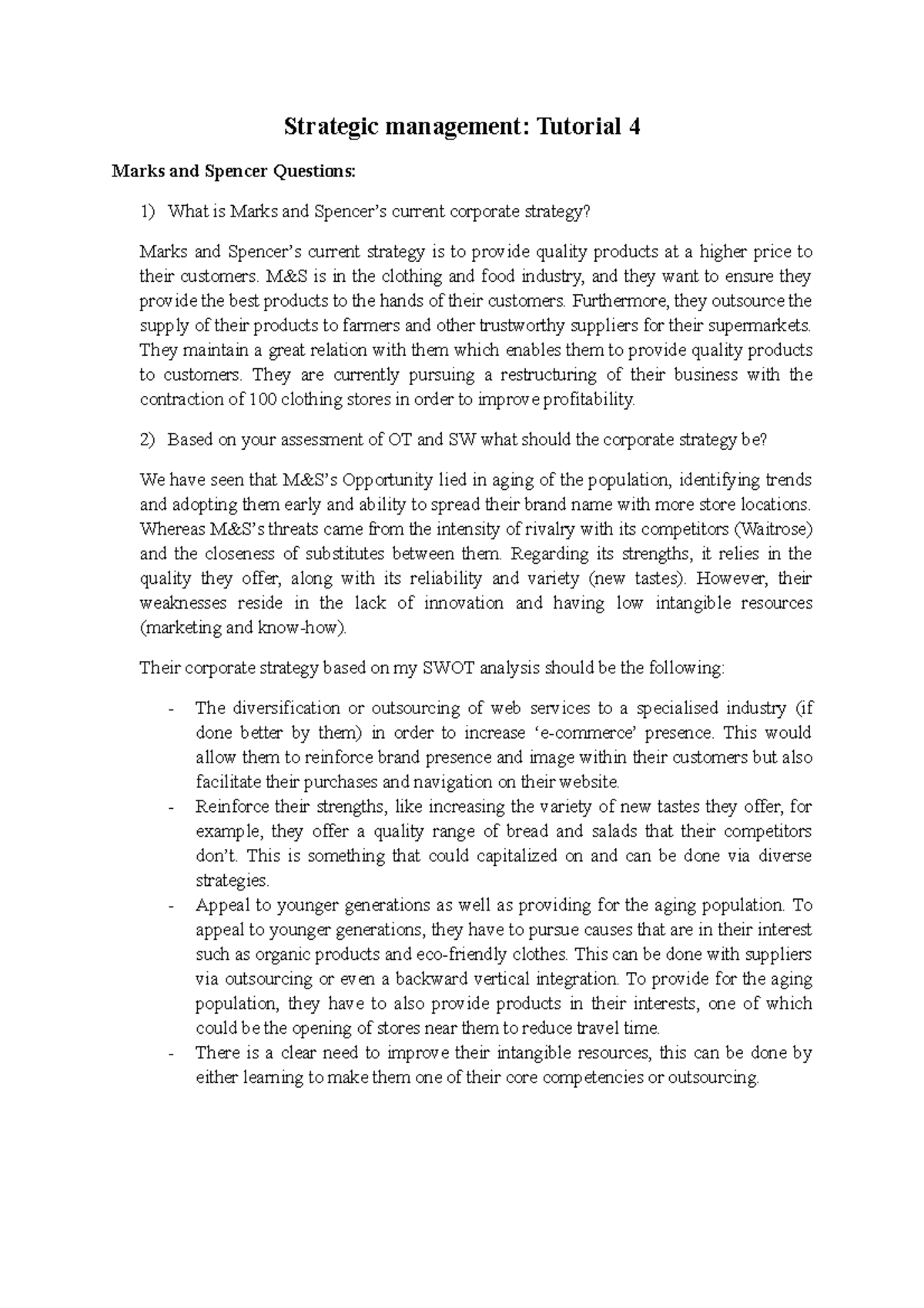 Strategic Management tutorial 4 - Strategic management: Tutorial 4 ...