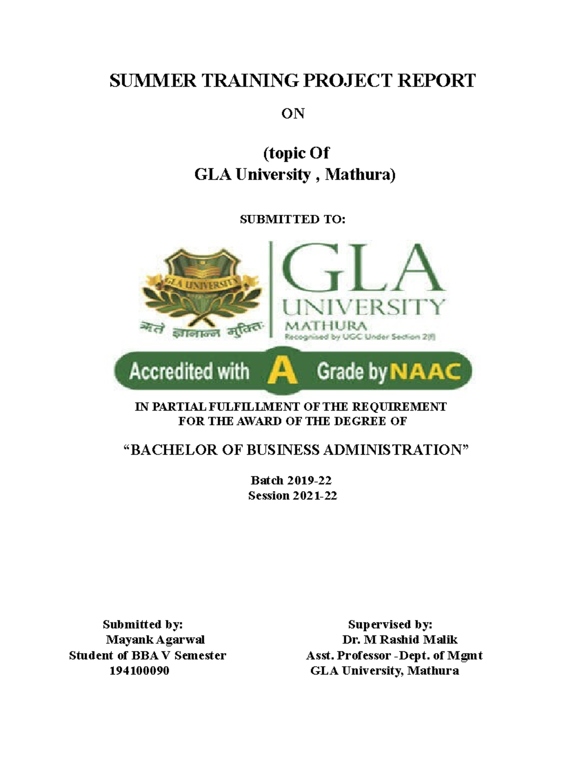 Report-Mayank Agrawal - SUMMER TRAINING PROJECT REPORT ON (topic Of GLA ...