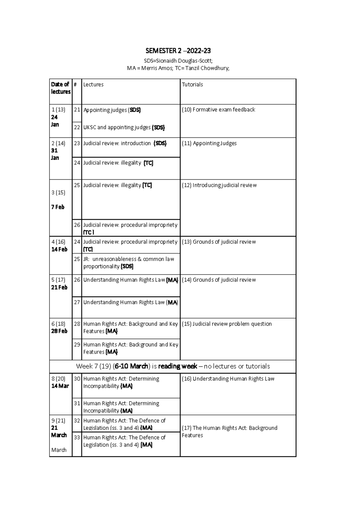 Public Law Sem B 22 23 outline - SEMESTER 2 – 2022 - 23 SDS=Sionaidh ...