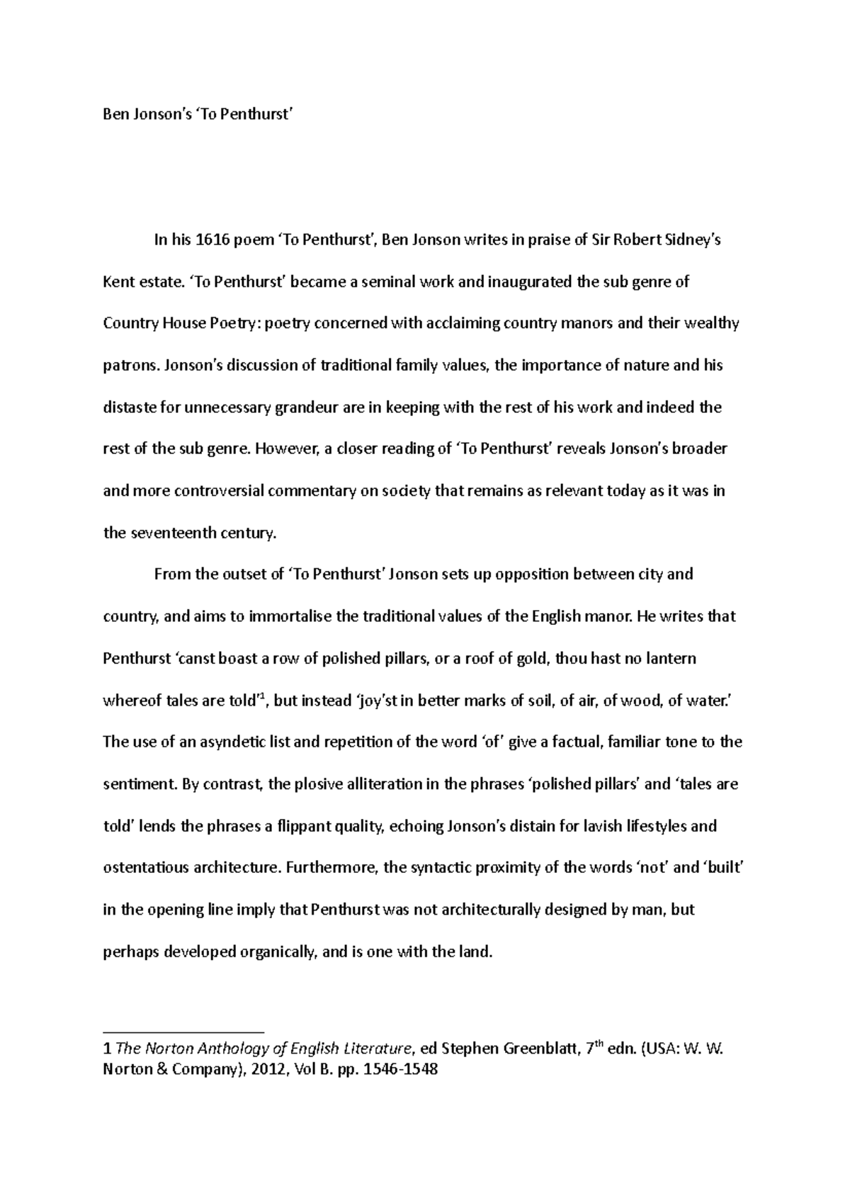 Write an essay on your chosen poem. (Chosen poem is Ben Jonson, ‘To ...