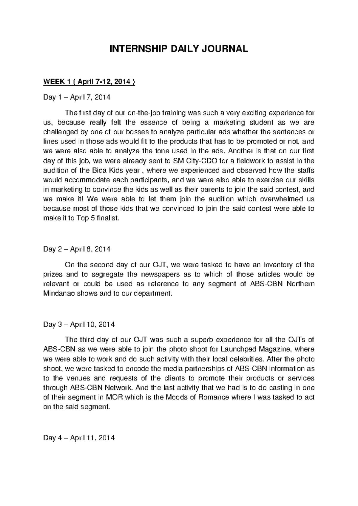 Internship Daily Journal - INTERNSHIP DAILY JOURNAL WEEK 1 ( April 7-12 ...