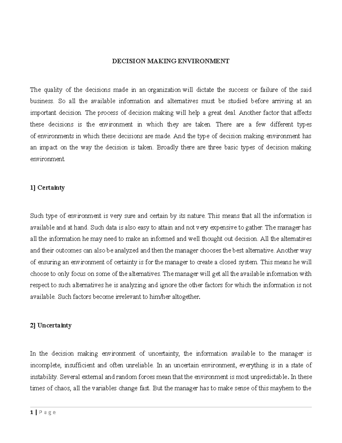 Decision Making Environment - DECISION MAKING ENVIRONMENT The quality ...