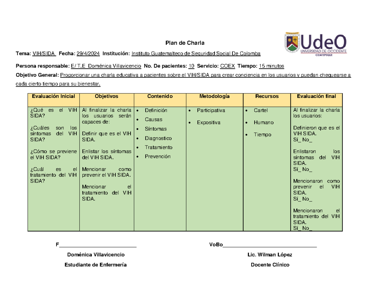 Plan de Charla VIH y CCU - Plan de Charla Tema: VIH/SIDA Fecha: 29/4/2024 Institución: Instituto ...