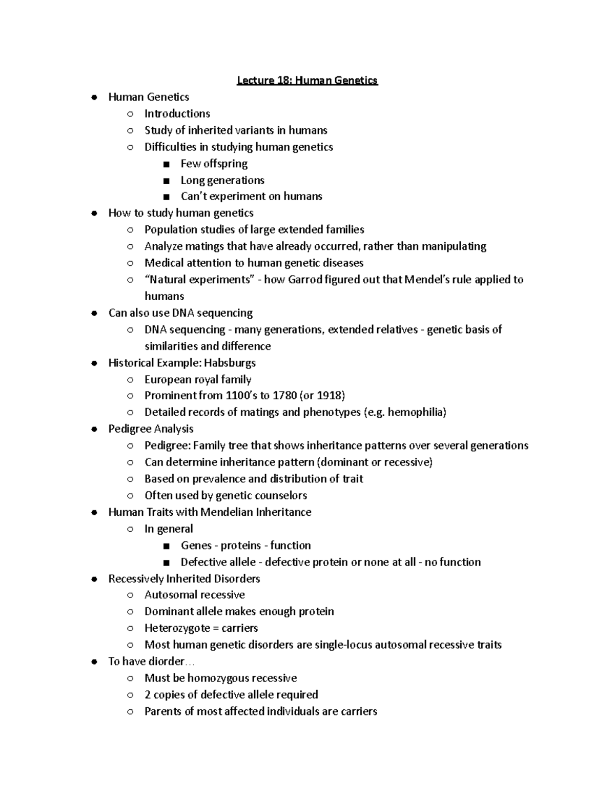 Lecture 18- Human Genetics - Lecture 18: Human Genetics Human Genetics ...