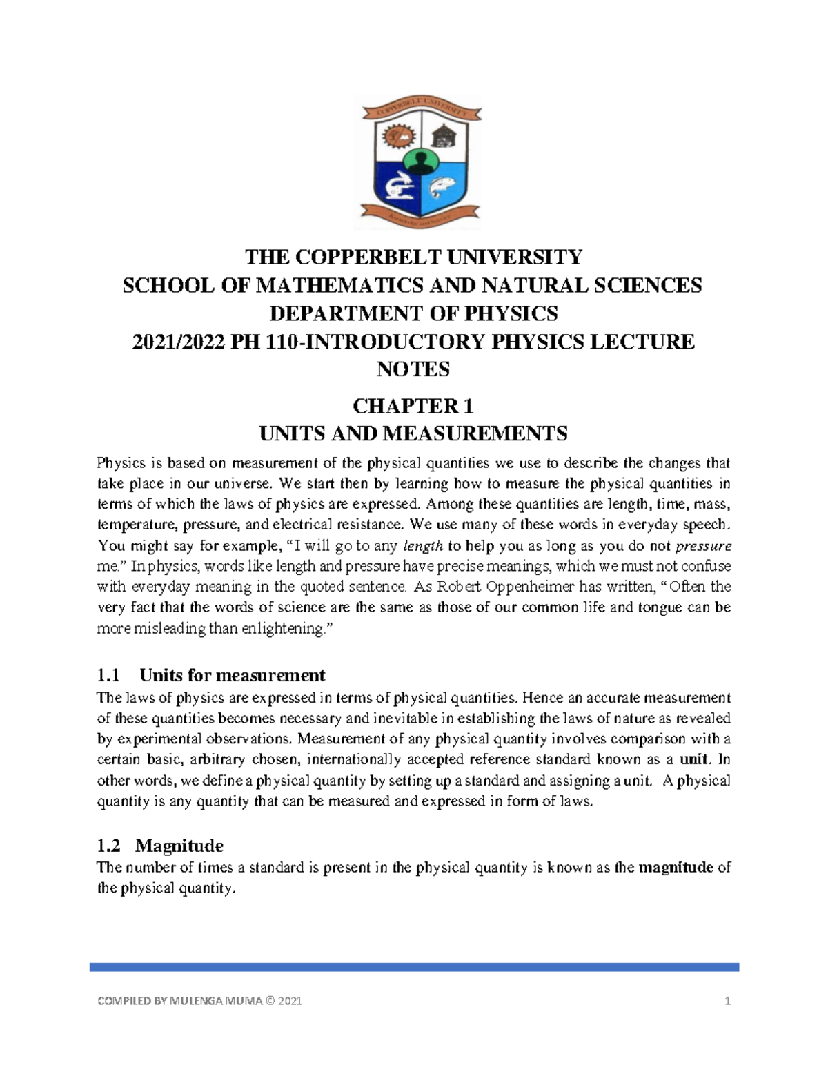 Chapter 1 Units AND Measurements-2021 Notes - THE COPPERBELT UNIVERSITY ...