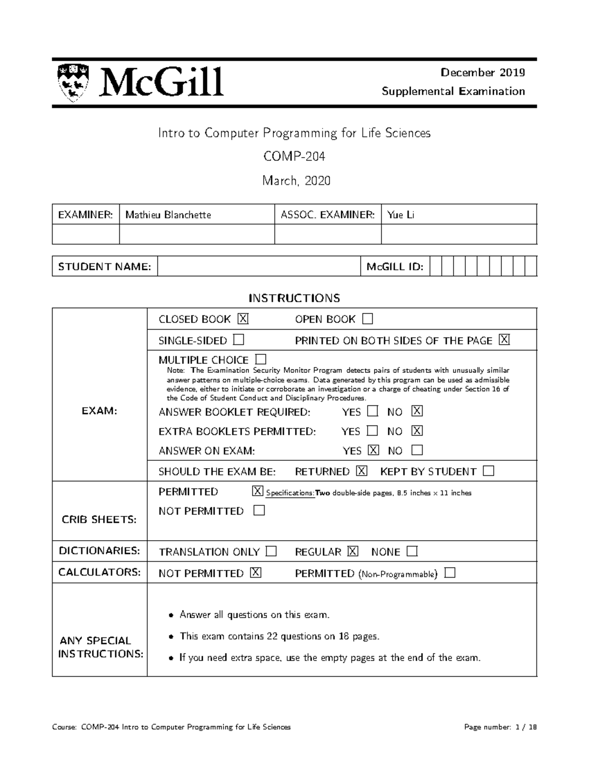 COMP204 S2020 final solution - December 2019 Supplemental Examination ...