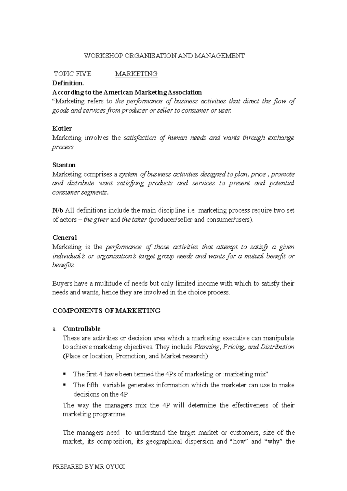 Workshop management and organization - WORKSHOP ORGANISATION AND ...