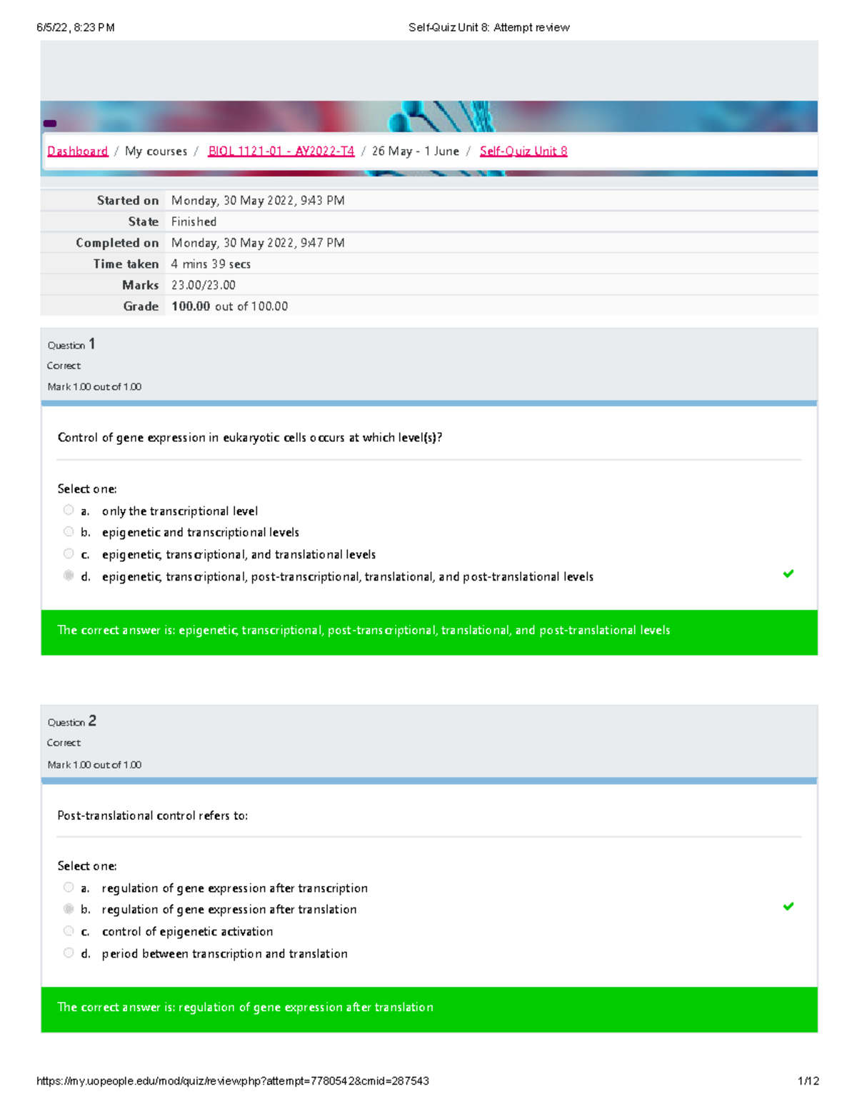 Self-Quiz Unit 8 Attempt review - Started on Monday, 30 May 2022, 9:43 PM State Finished ...