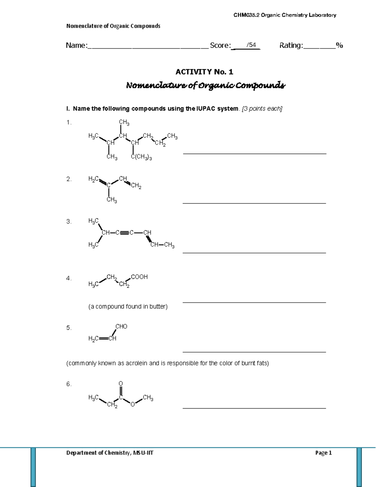 1- Nomenclature of Organic Compounds Answer Sheets - Nomenclature of ...
