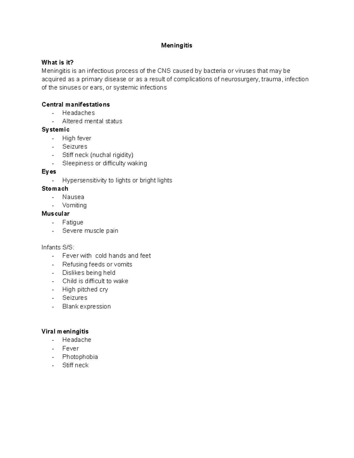 Meningitis - notes - Meningitis What is it? Meningitis is an infectious ...