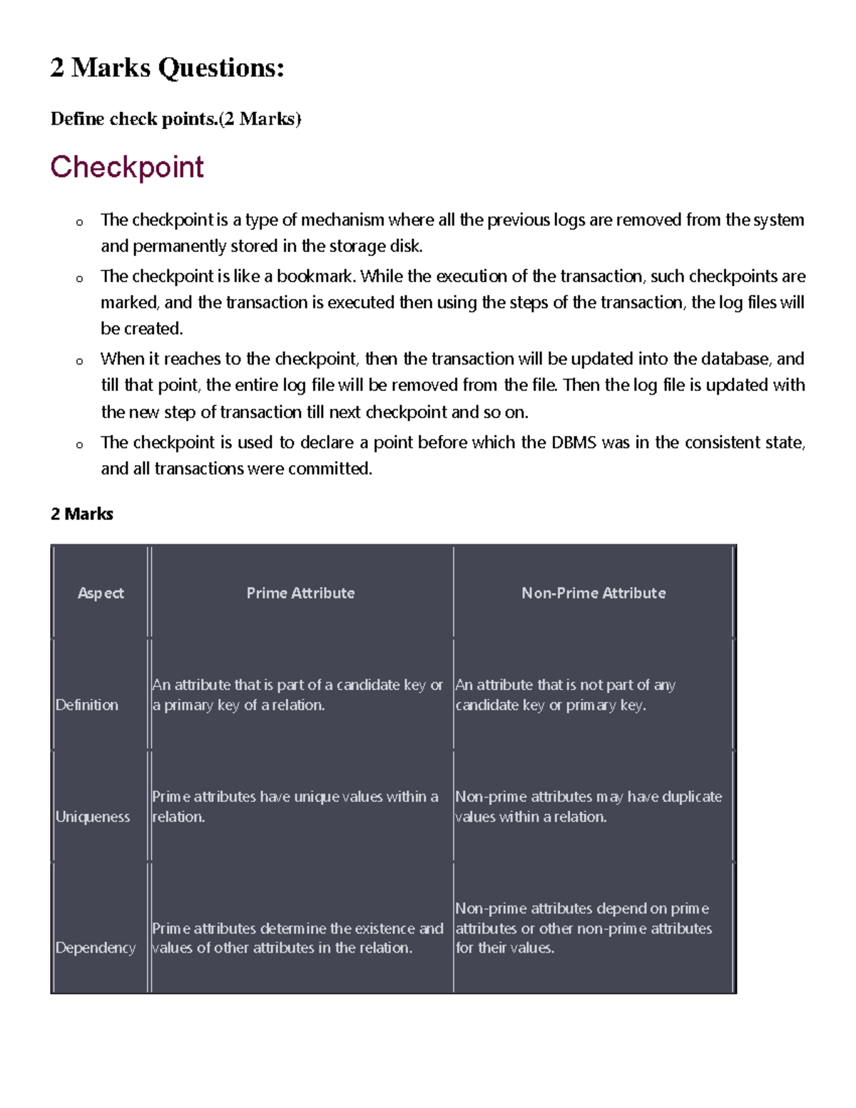 DBMS IMPnotes handwritten - 2 Marks Questions: Define check points.(2 ...