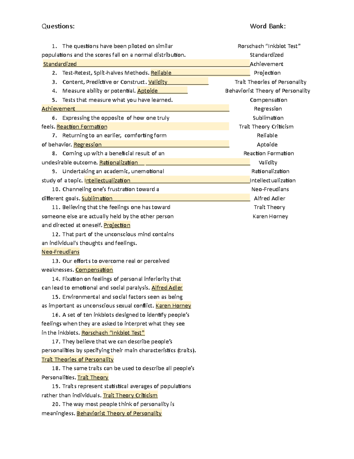 Personality and Intelligence Vocab - Questions: Word Bank: The ...