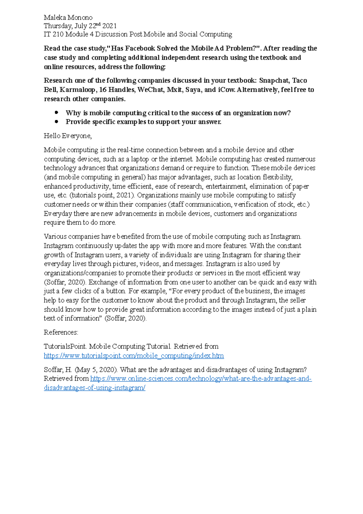 IT 210 Module 4 Discussion Post Mobile and Social Computing - Maleka ...
