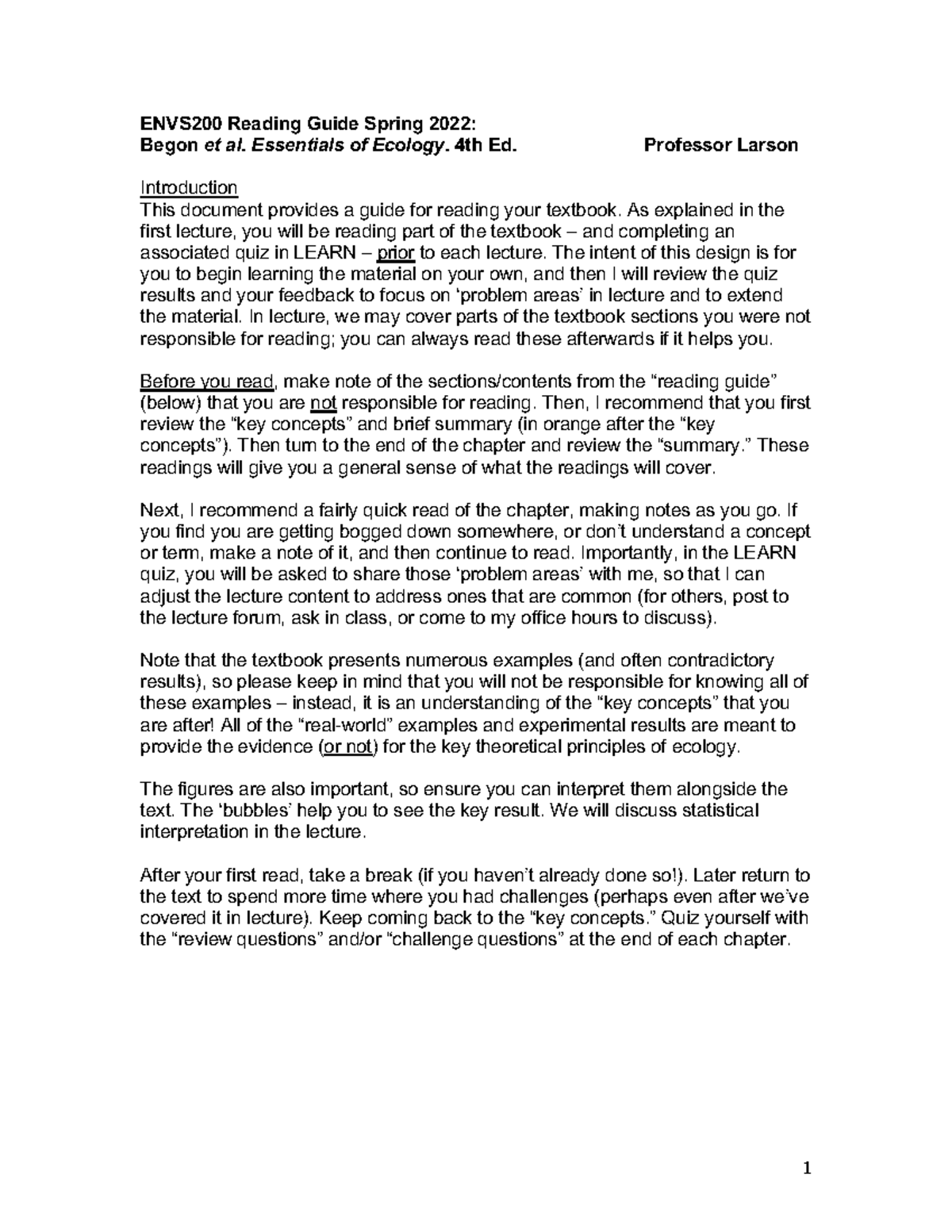 ENVS200 Reading Guide - Essentials of Ecology. 4th Ed. Professor Larson ...