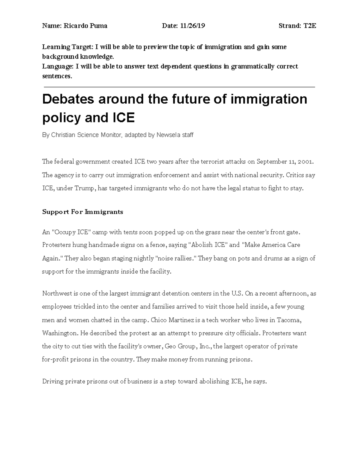 Ricardo Puma - Immigration Article - Learning Target: I will be able to ...