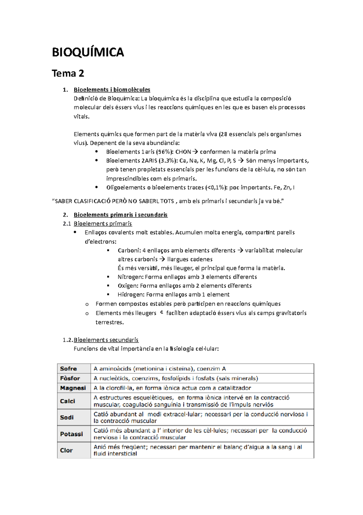 Bioquimica - Tema 2 - BIOQUÍMICA Tema 2 Bioelements i biomolècules ...