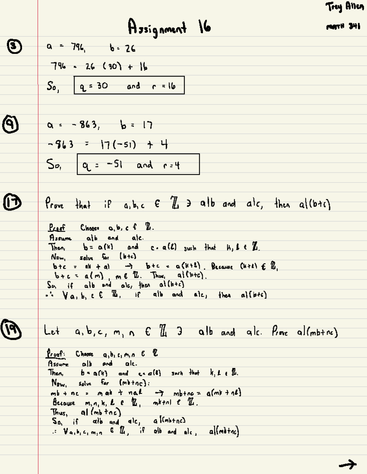 Assignment 16 Solutions - Trey Allen Assignment ####### 16 MATH 341 ③ a = 796 , b= 26 796 = 26 ...