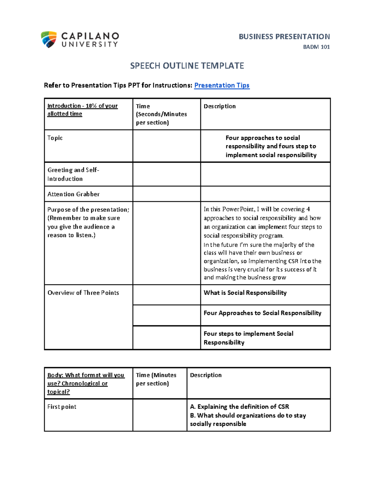 Virtual Delivery - Speech Outline Template - BUSINESS PRESENTATION BADM ...