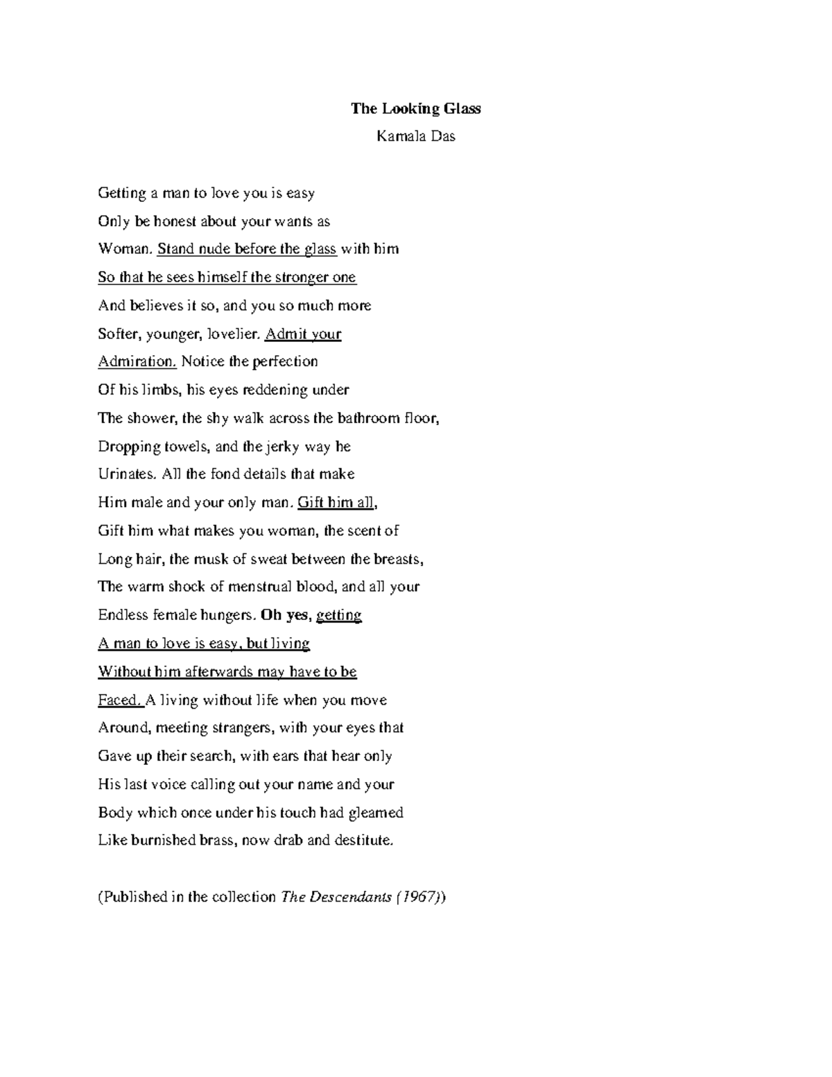 The Looking Glass - The Looking Glass Kamala Das Getting a man to love you is easy Only be ...