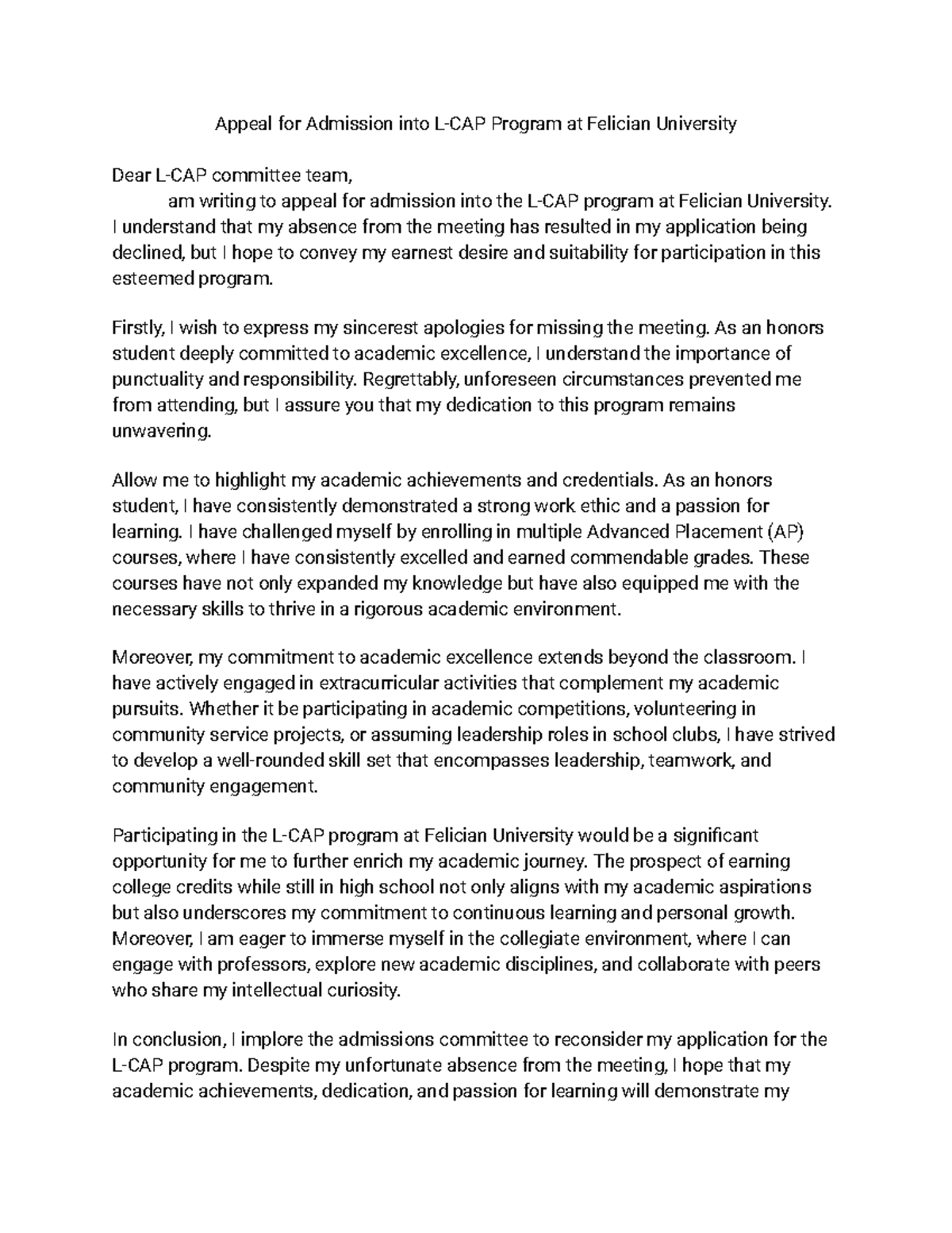 Untitled document - jnjnjn - Appeal for Admission into L-CAP Program at ...