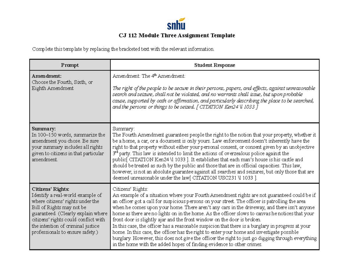 CJ 112 Module Three Assignment - Prompt Student Response Amendment: Choose the Fourth, Sixth, or ...